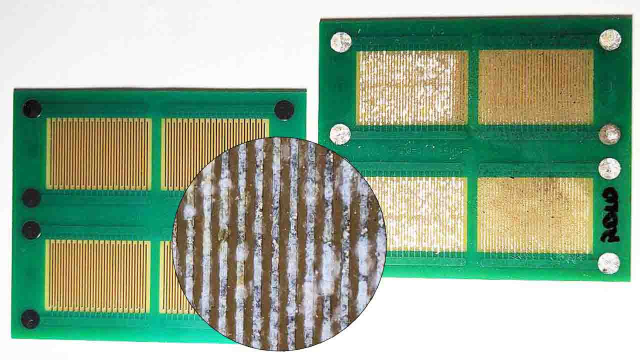 Protection with soldering flux on electronics PCB. Oxidize